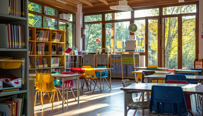 Colorful Elementary Classroom Ready for Creative Learning Stock ...