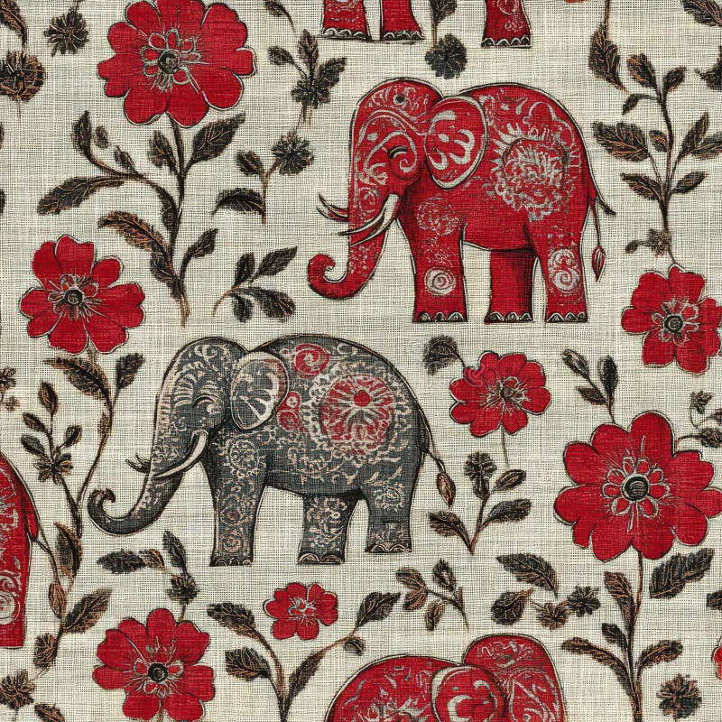 Colorful Elephant and Floral Pattern on Fabric Background Design Stock ...