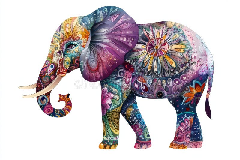 Vibrant Elephant Illustration Showcasing Intricate Patterns and Colors ...