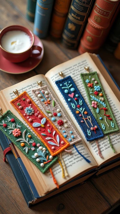 Colorful Embroidered Bookmarks on Open Book with Coffee and Vintage ...