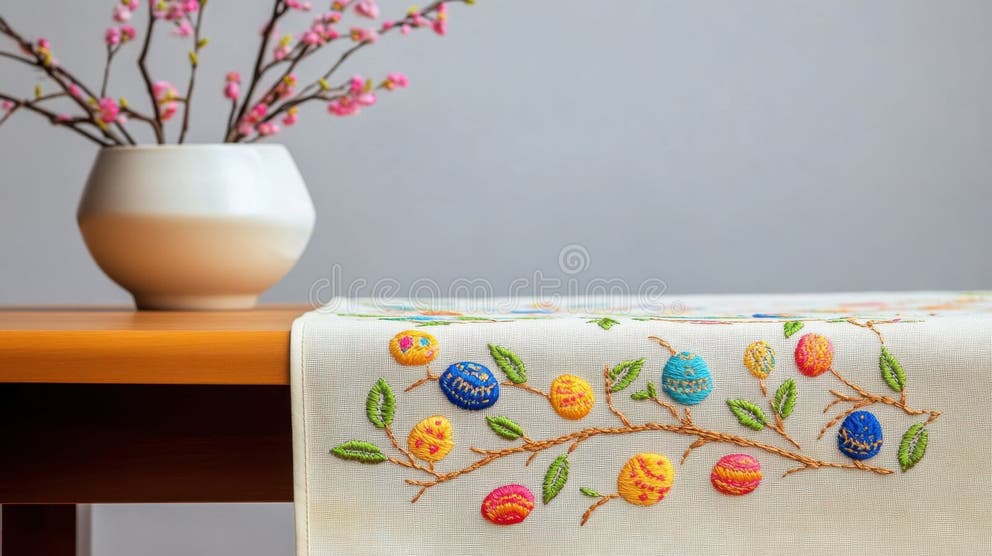 Colorful Embroidered Easter Eggs Tablecloth with Cherry Blossoms in ...