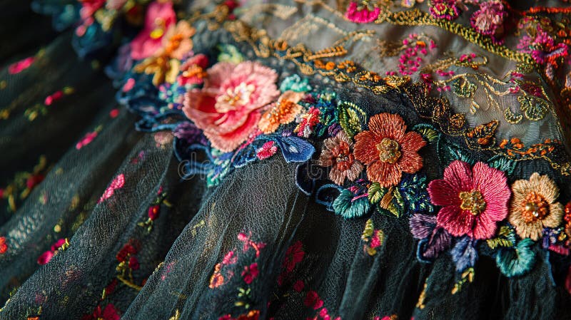 Colorful Embroidered Floral Pattern on Dark Fabric Stock Illustration ...