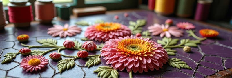 Colorful Embroidered Flowers on Quirky Purple Background with Threads ...