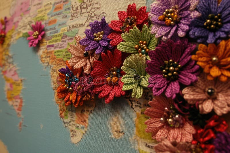 Colorful Embroidered Flowers on World Map Canvas Art Stock Image ...