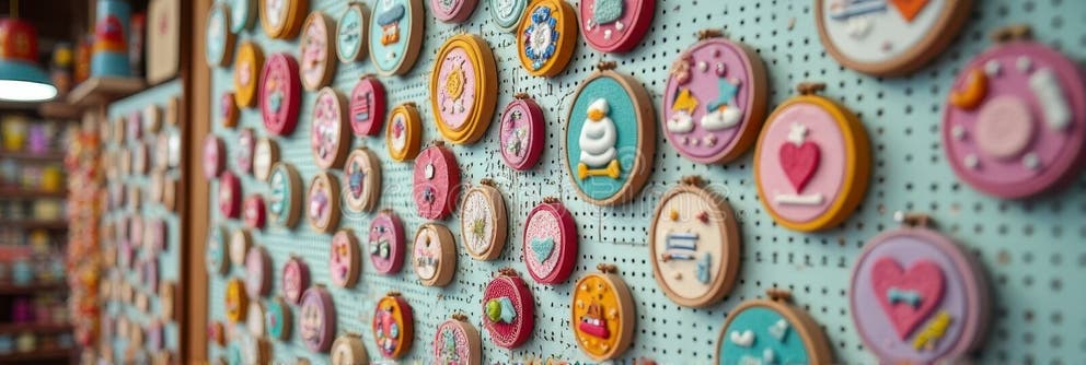 Colorful Embroidered Hoops Display on Blue Pegboard with Various ...