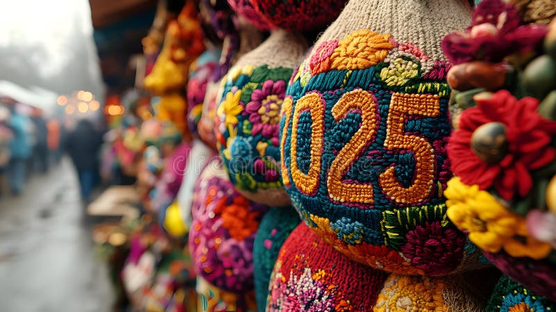 Colorful Embroidered Ornaments with 2025 Design Stock Illustration ...