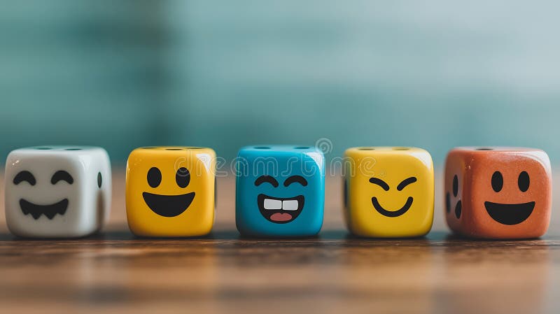 Colorful Emoji Dice on Wooden Surface Stock Illustration - Illustration ...