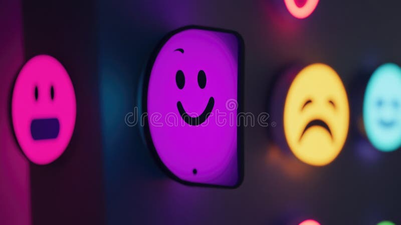 Colorful Emoji Faces Display Featuring Glowing Smiley and Mood Symbols ...