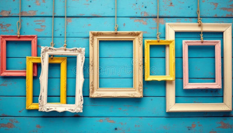 Colorful Empty Frames Hanging on a Weathered Blue Wood Stock ...
