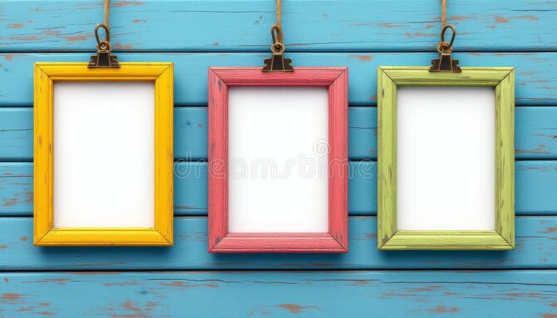 Colorful Empty Frames Hanging on a Weathered Blue Wood Stock ...
