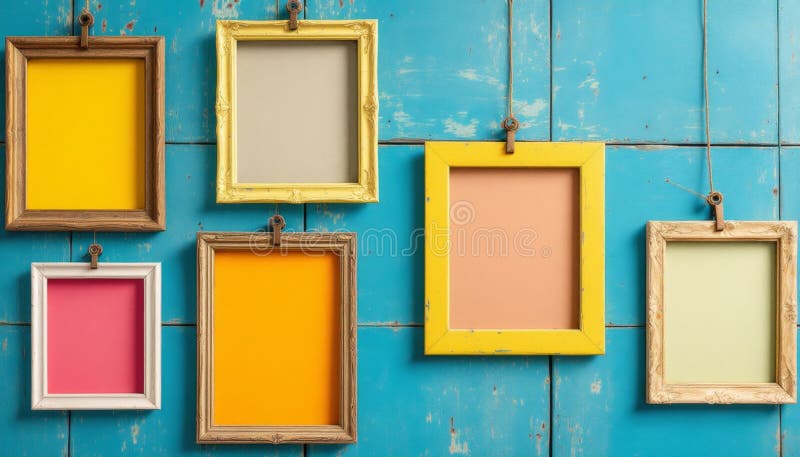 Colorful Empty Frames Hanging on a Weathered Blue Wood Stock ...