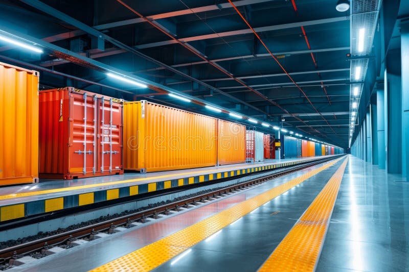 Colorful Empty Freight Train in a Modern Cargo Terminal at Night Stock ...