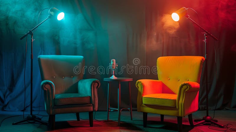 Colorful Empty Seats Waiting for an Interview. Stage Lights, Vibrant ...