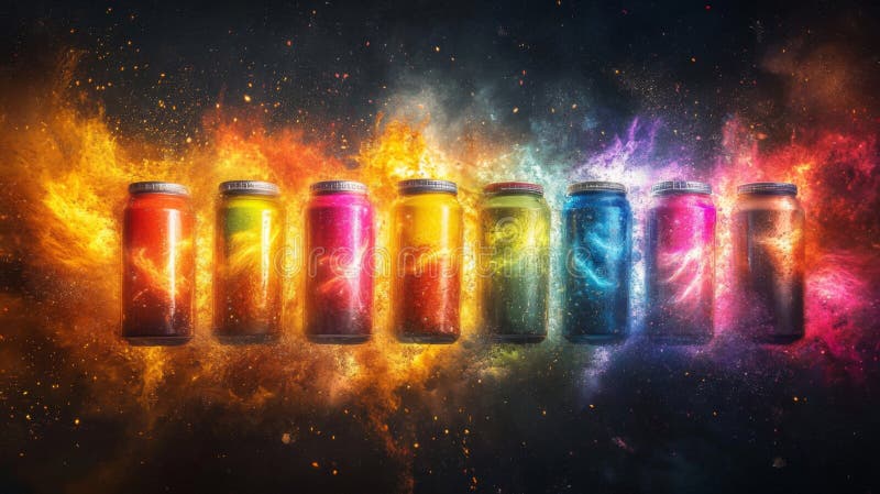 Colorful Energy Drink Cans in a Cosmic Setting Stock Illustration ...