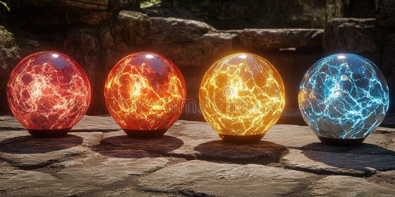 Colorful Energy Orbs Arranged on a Stone Surface in a Mystical Setting ...