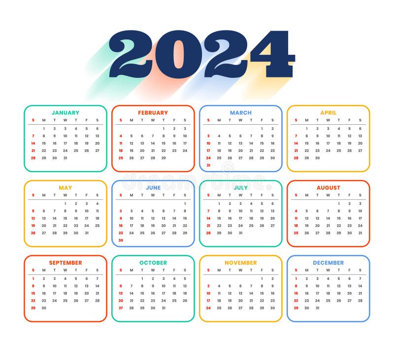 Colorful 2024 English Calendar Template Plan and Organize Events Stock ...