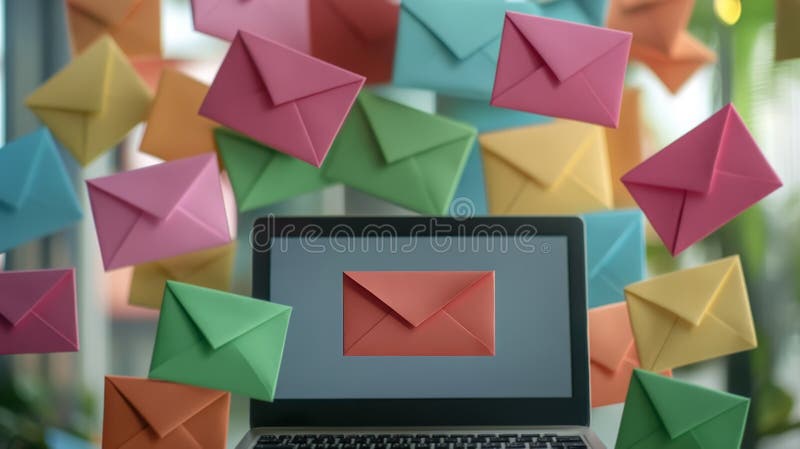 Colorful Envelopes Flying Over a Laptop for Email Communication Stock ...