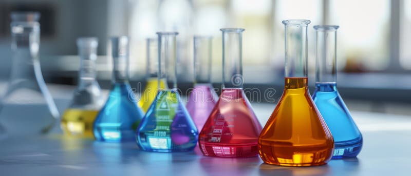Colorful Erlenmeyer Flasks on a Lab Table in a Modern Research Facility ...
