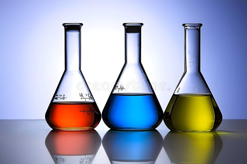 Colorful Erlenmeyer Flasks with Liquids in a Science Lab Setting Stock ...