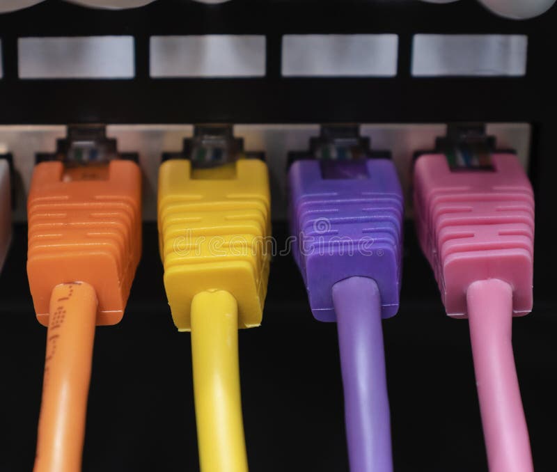 Colorful Ethernet Cables Connected in a Row into Patch Panel. Stock ...