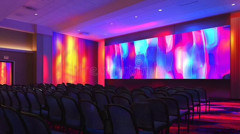 Colorful Event Hall, Chairs Arranged, Abstract Screen, Vibrant Lighting ...