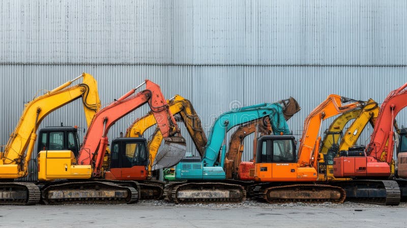 Colorful Excavators Lined Up Against a Textured Metal Wall Stock ...