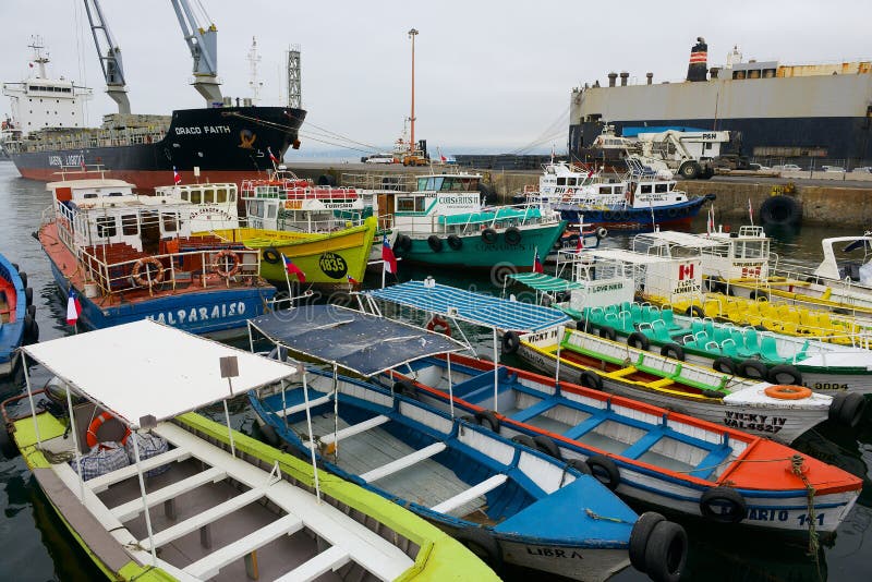 Colorful Excursion Boats in the Harbor of Valparaiso, Chile. Editorial ...