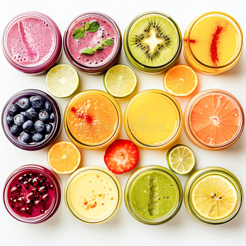 Colorful Exotic Fruit Smoothies on White Background Stock Illustration ...