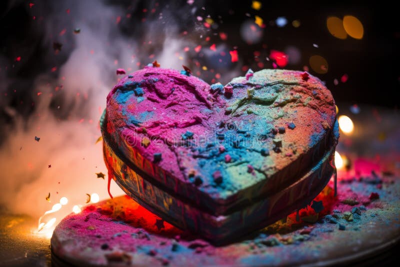 Colorful Exploding Powder Heart with Sparkles and Festive Lights ...