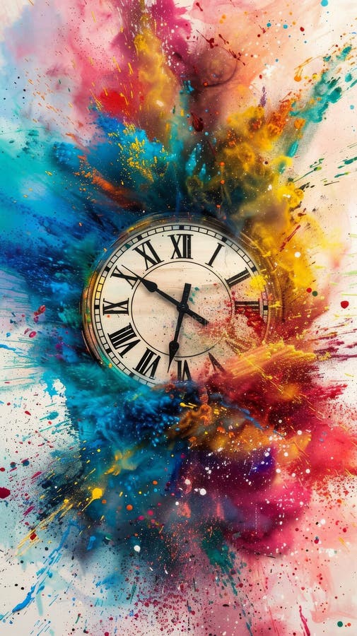 Colorful Explosion Around Vintage Clock, Art Concept Stock Photo ...