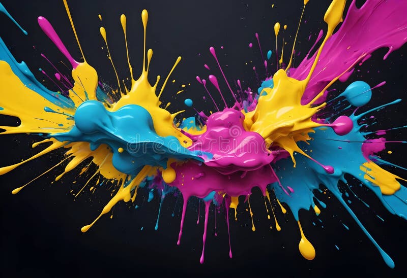 Colorful Explosion of Blue, Yellow and Pink Paint Splashes on a Black ...