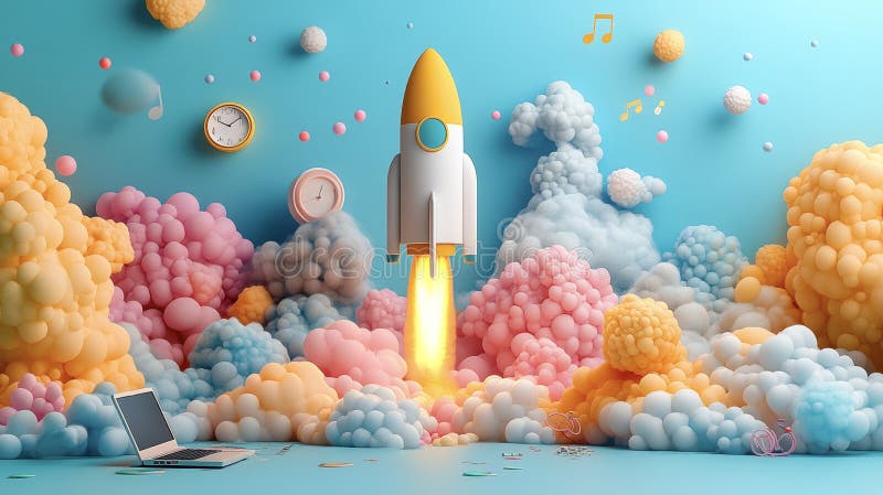 A Colorful Explosion of Clouds and a Rocket with a Clock on the Side ...