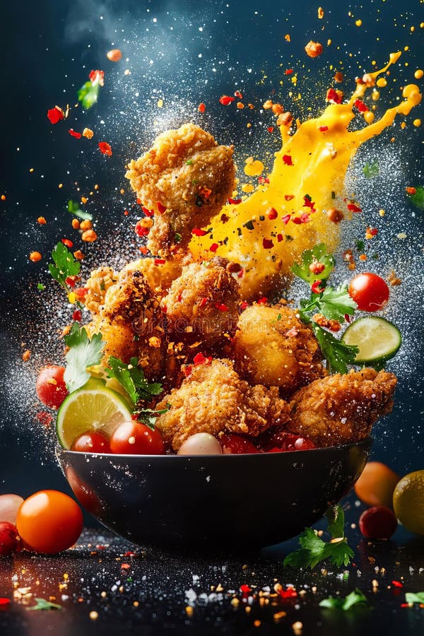 Colorful Explosion of Delicious Fried Chicken and Ingredients Stock ...
