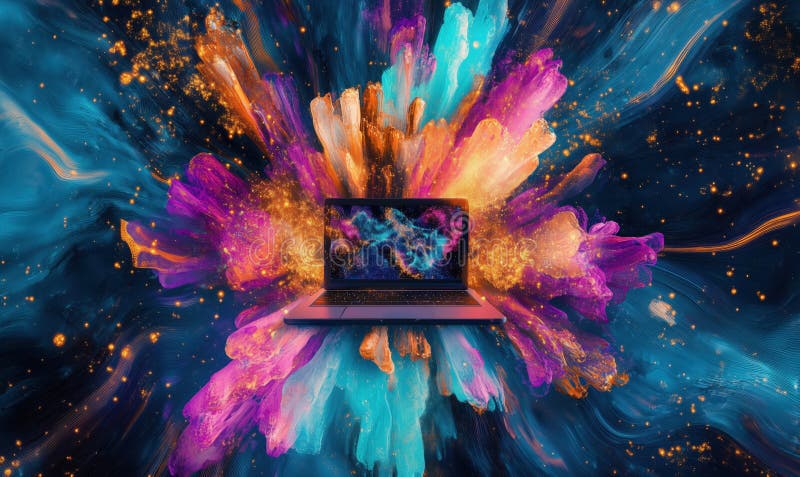 Colorful Explosion of Digital Creativity with Laptop in Vibrant Cosmic ...