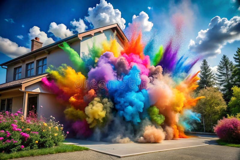 Colorful Explosion Erupts from Suburban Home Stock Illustration ...