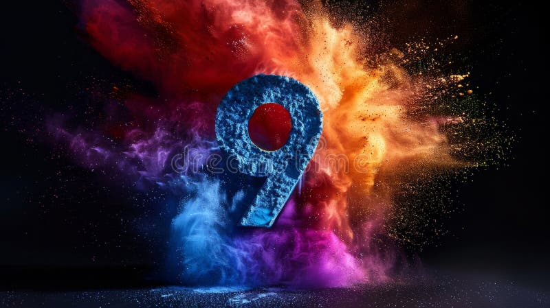 Colorful Explosion Forms the Number Nine Against a Dark Background ...