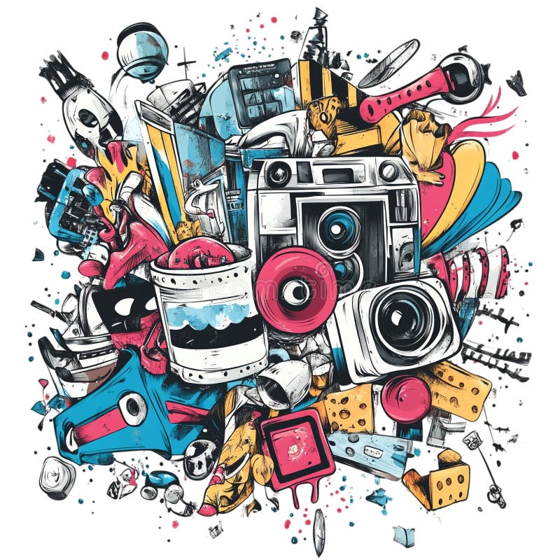 Colorful Explosion of Gadgets and Retro Tech a Vibrant Digital Art ...