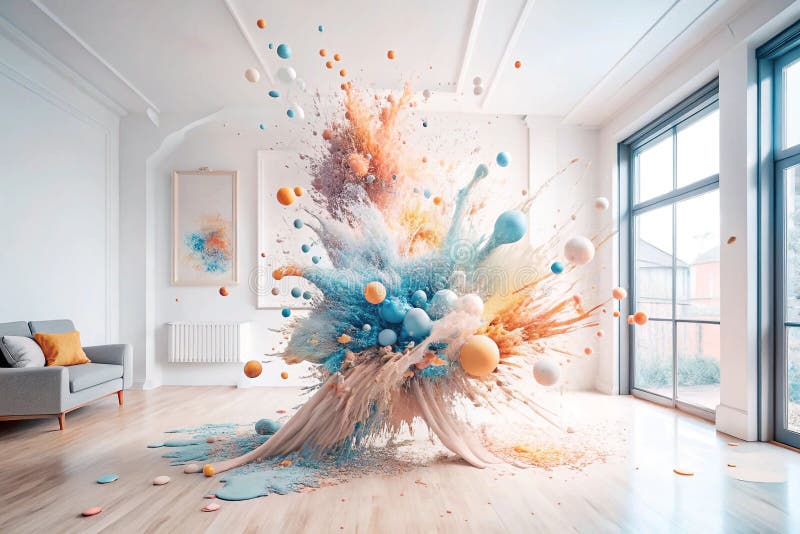 Colorful Explosion in a Modern Living Room Stock Illustration ...
