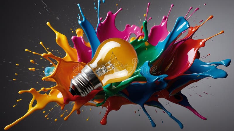 Colorful Explosion of Paint Around a Glowing Light Bulb, Blending ...