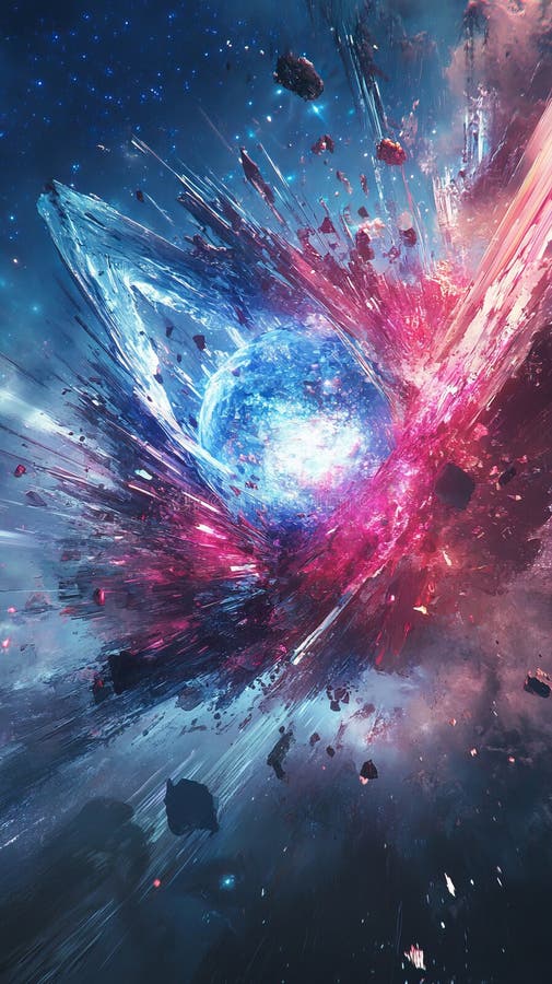 Colorful Explosion in Space with a Large Blue and Red Ball in the ...