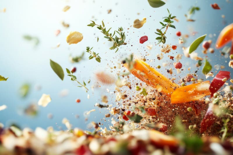 Colorful Explosion of Spices and Vegetables in Mid-air with Fresh Herbs ...