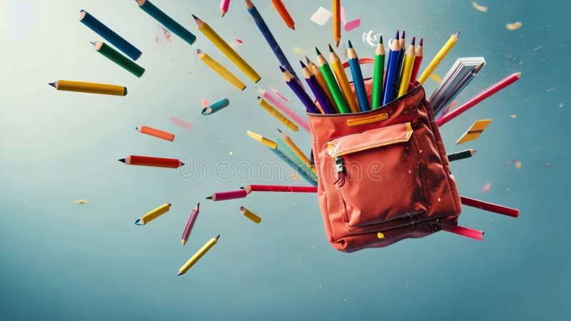 Colorful Explosion of Stationery from a Backpack on Blue Background ...