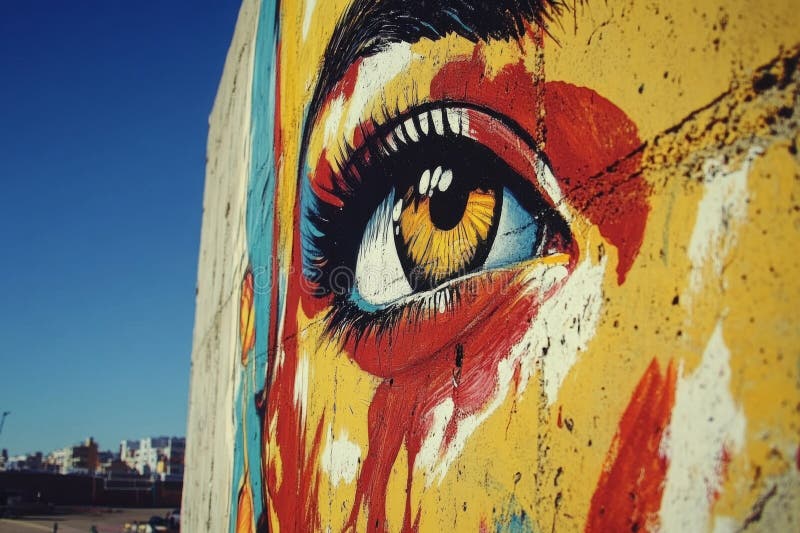 Colorful Eye Mural Watching Over Urban Landscape Stock Photo - Image of ...