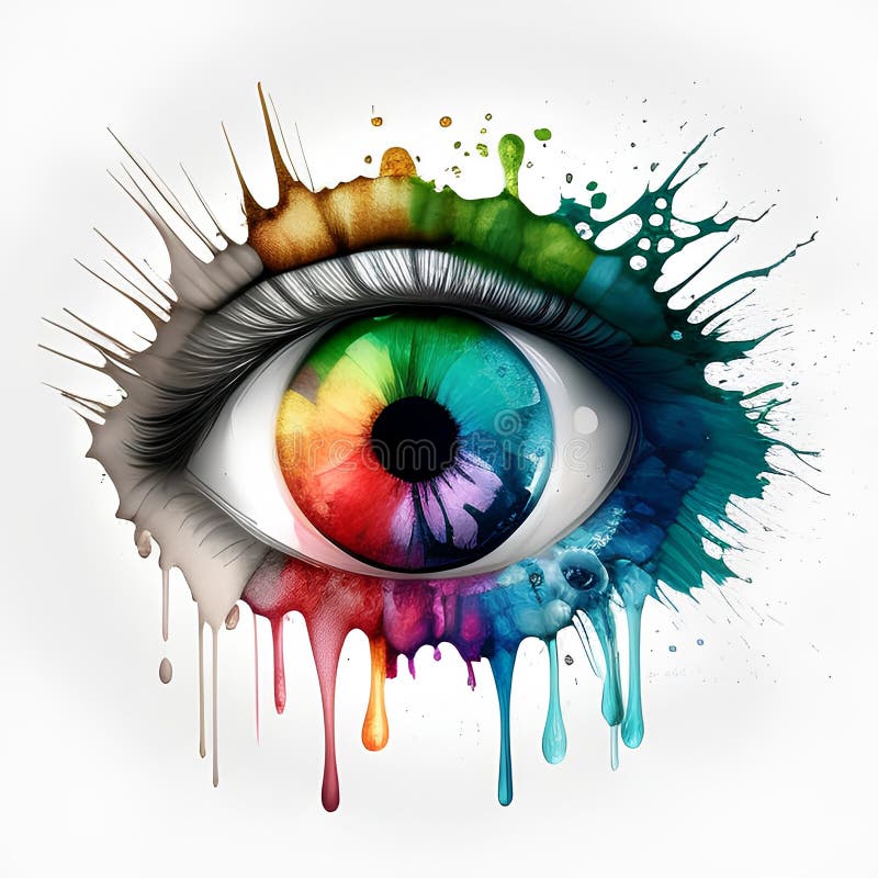 Colorful Eye with Splashes of Paint on White Background, Digital ...