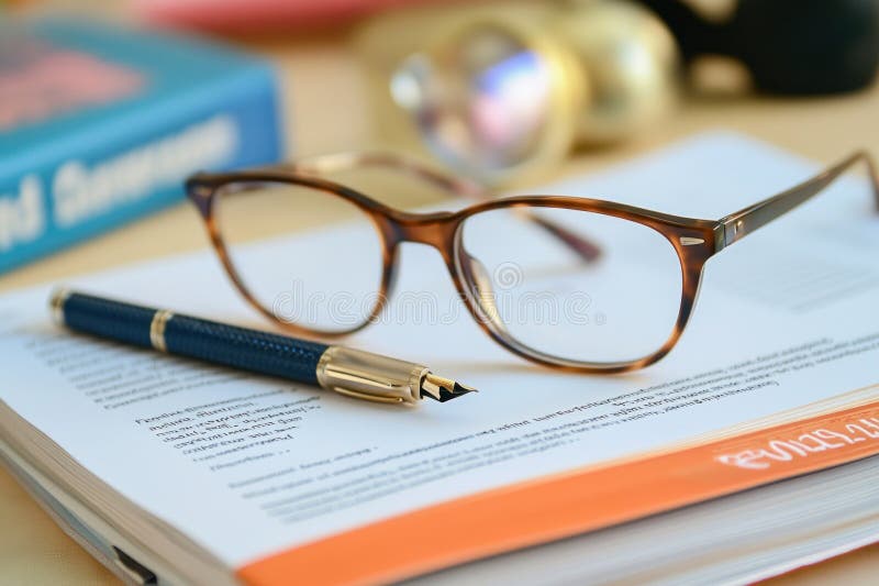 Colorful Eyeglasses and Pen Resting on Open Book, Studying and Learning ...