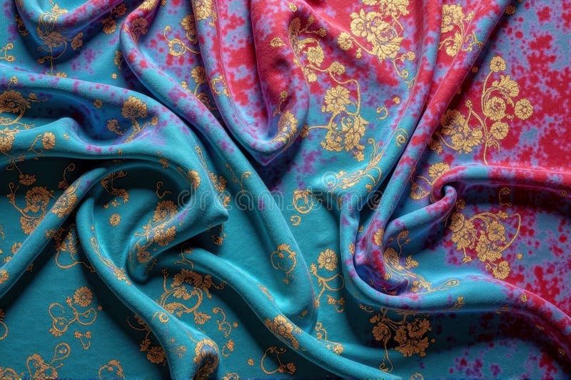 Colorful Fabric with Floral Patterns and Intricate Gold Detailing Stock ...