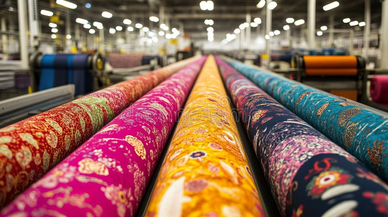 Colorful Fabric Rolls on a Printing Press. Manufacturing Textile ...