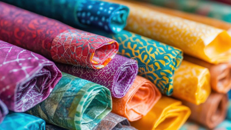 Colorful Fabric Rolls Stacked Displaying Vibrant Patterns Stock ...