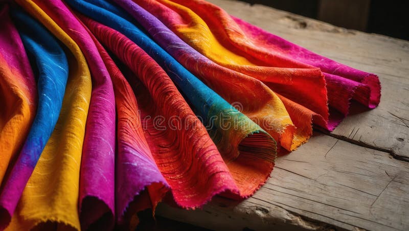 Colorful Fabric Samples Laying on Rustic Wooden Table Stock ...