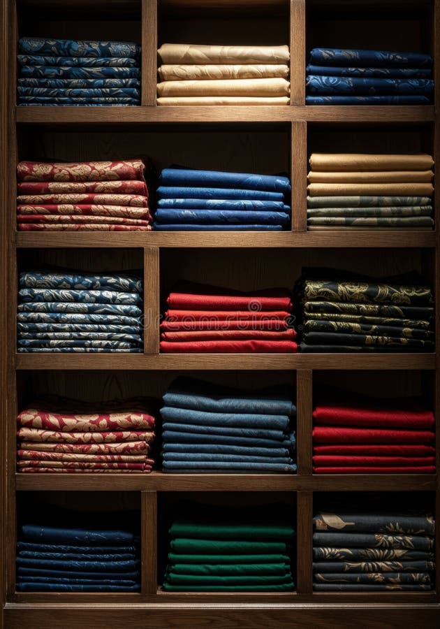 Colorful Fabric Samples Stacked on Wooden Shelves Stock Illustration - Illustration of interior ...